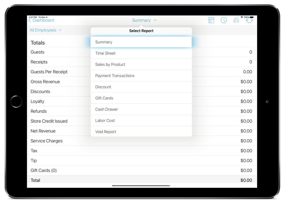 Employee Timesheet on talech Register