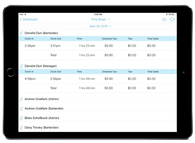 Employee Timesheet on talech Register