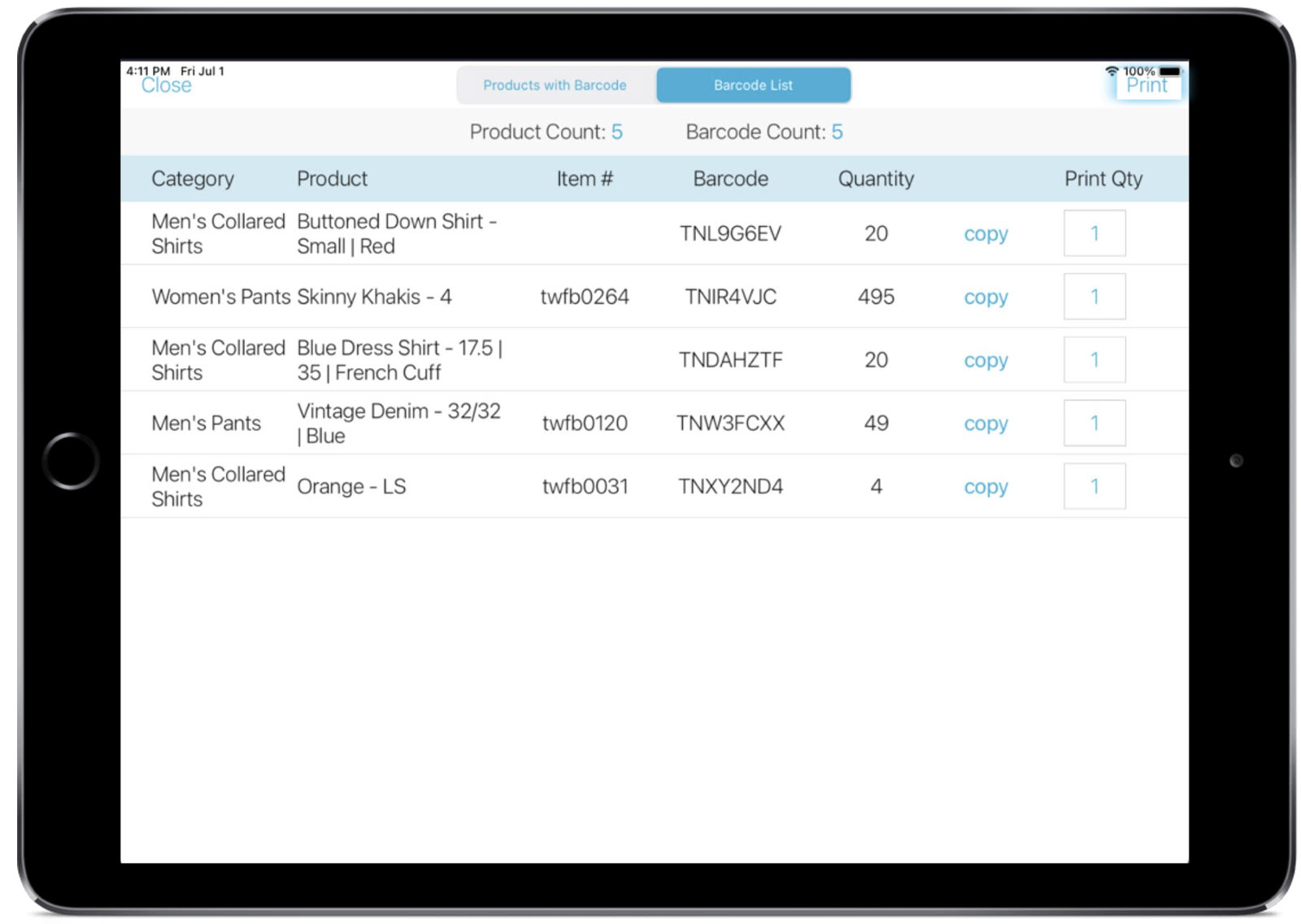 Inventory on talech Register