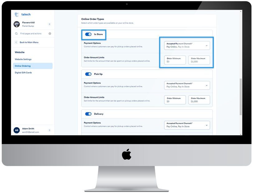 Online Ordering Settings