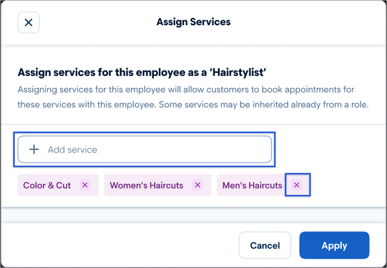 Assign services settings within employee role settings.