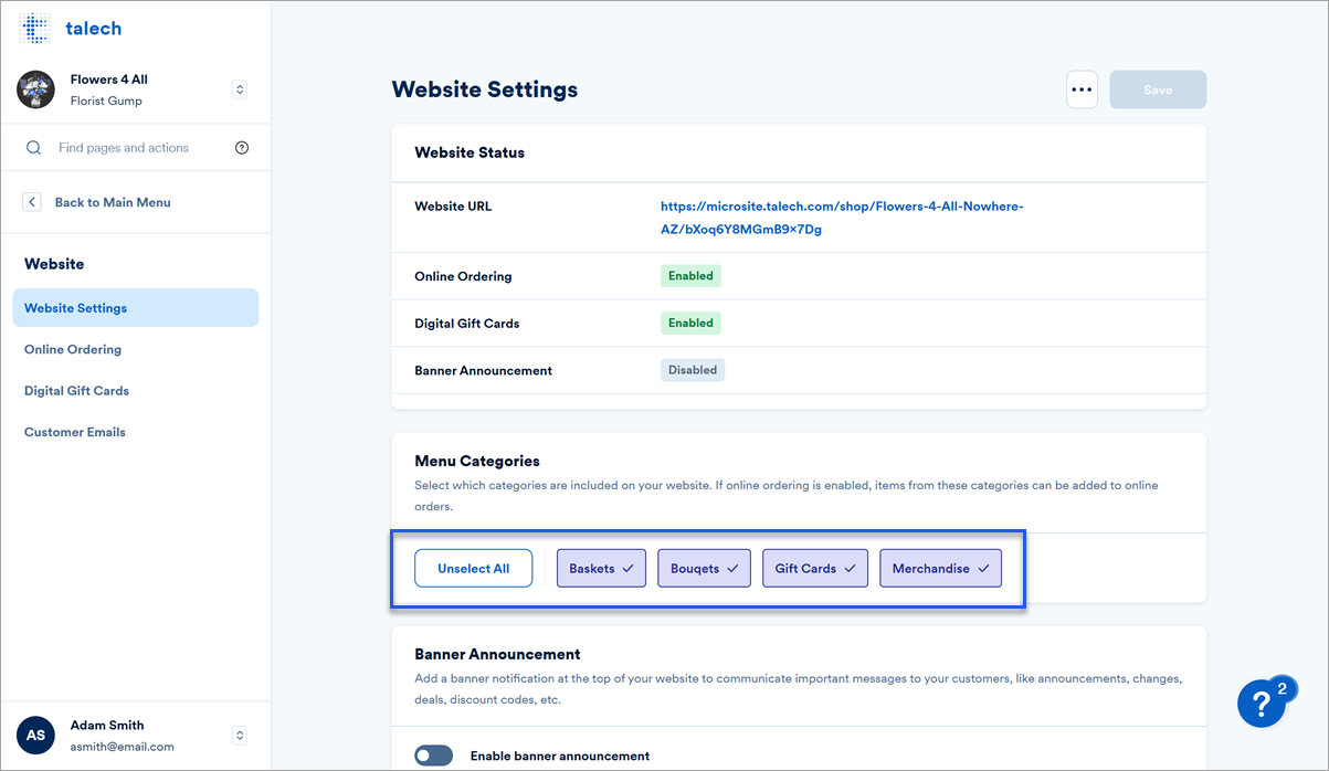 Online Ordering Settings